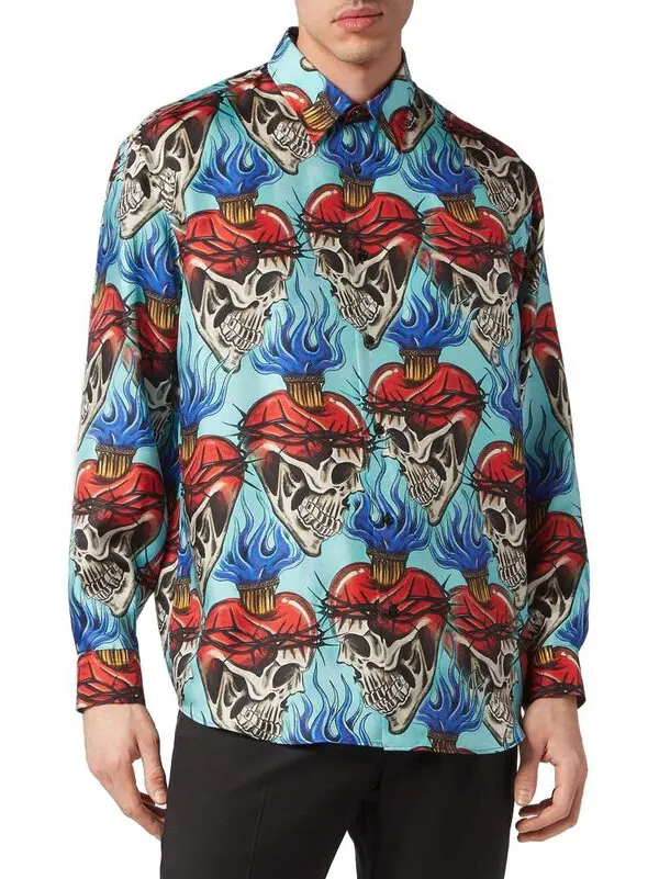 Philipp Plein Silk Dandy Shirt Love Tattoo - Turquoise