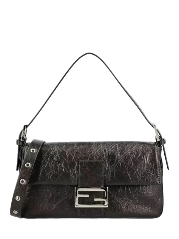 Fendi Baguette Crackled Leather Bag - Black