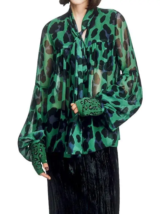 Anna Sui Jewel Jaguar Chiffon Tie Blouse - Jade