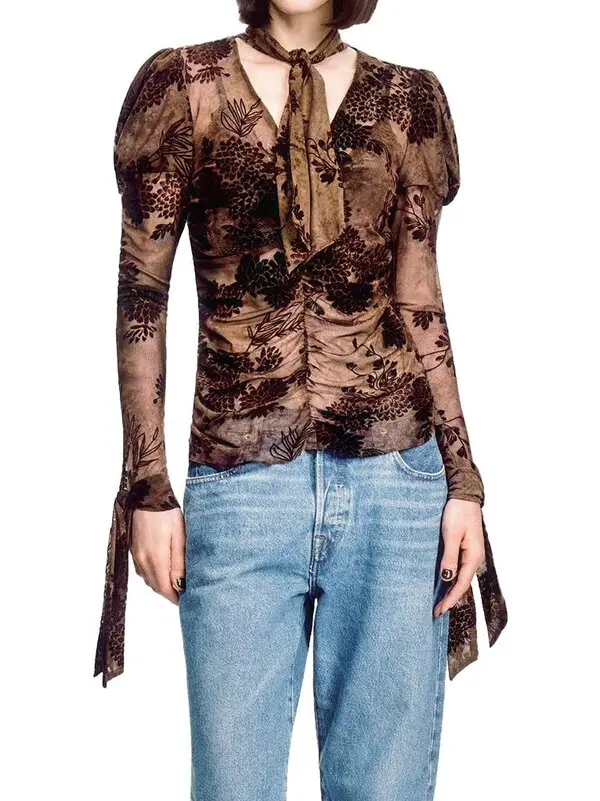Anna Sui Dahlia Tulle Knit Long Sleeve Top - Chocolate