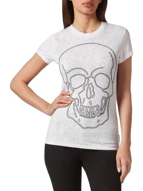 Philipp Plein Cotton Jersey T-shirt With Devoré Python Pattern And Bejeweled Skull Detail - White