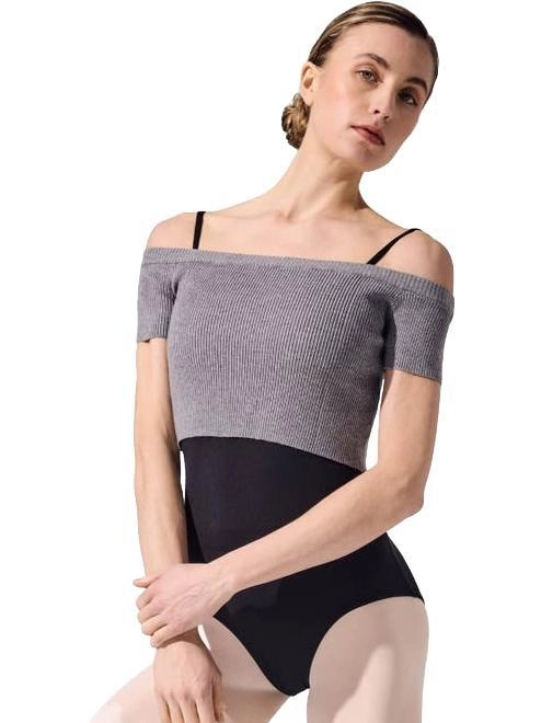 CAPEZIO Ribbed Knit Cropped Off-the-shoulder Sweater - Medium Grey