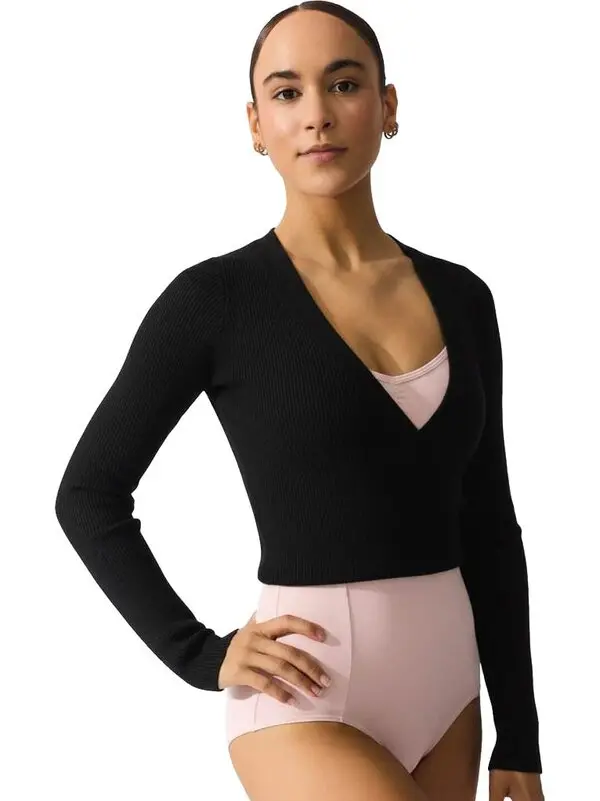 CAPEZIO Ribbed Knit Wrap Sweater With V-neck And Self-tie Closure - Black