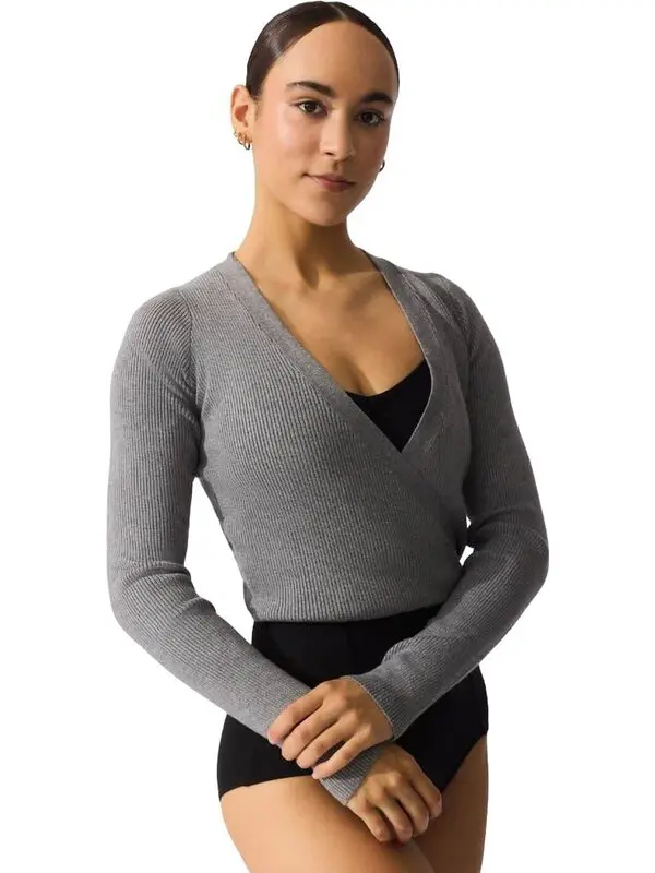 CAPEZIO Ribbed Knit Wrap Sweater With V-neck And Self-tie Closure - Medium Grey