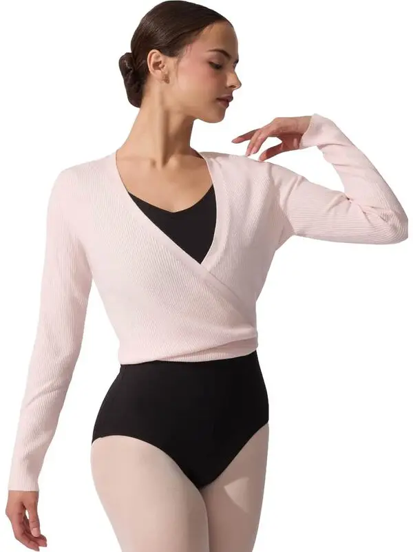 CAPEZIO Ribbed Knit Wrap Sweater With V-neck And Self-tie Closure - Pink