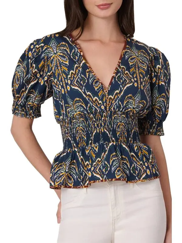 Shoshanna Balinese Palm Print Jocelyn Top - Navy Multi