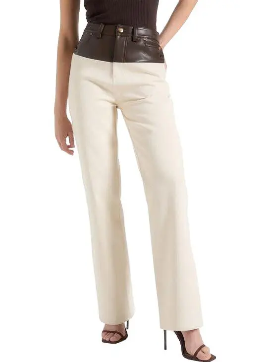Manière De Voir Contrast Leather & Denim Straight Leg Jeans - Cream/brown