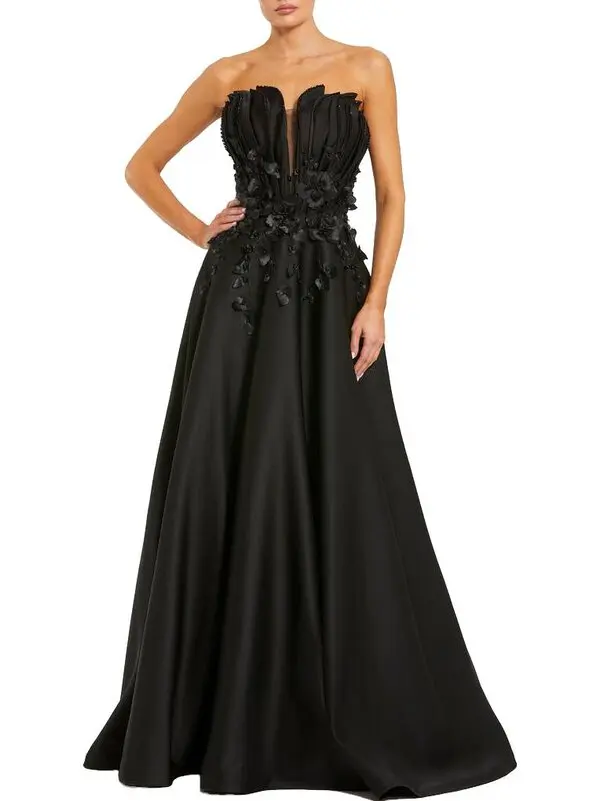 Mac Duggal Strapless Floral Embellished Ballgown - Black