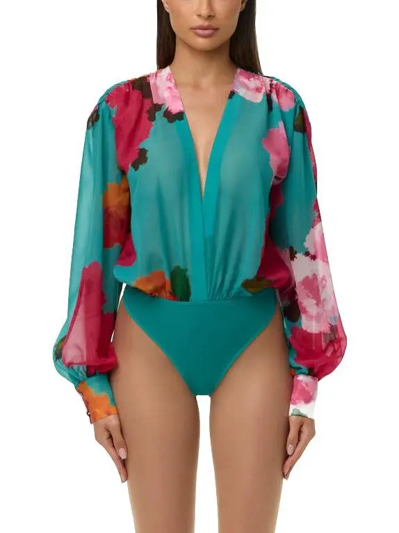 Naked Wardrobe Floral Print Chiffon Bodysuit With Plunging V-neck And Balloon Sleeves - Flora Spritz