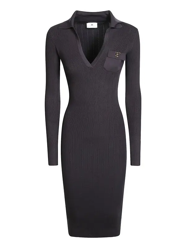 Elisabetta Franchi Ribbed Knit Collared Sweater Gown - Marrone