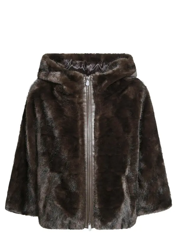 Pinko Cadetia Faux Fur Zip-up Cape With Hood - Marrone