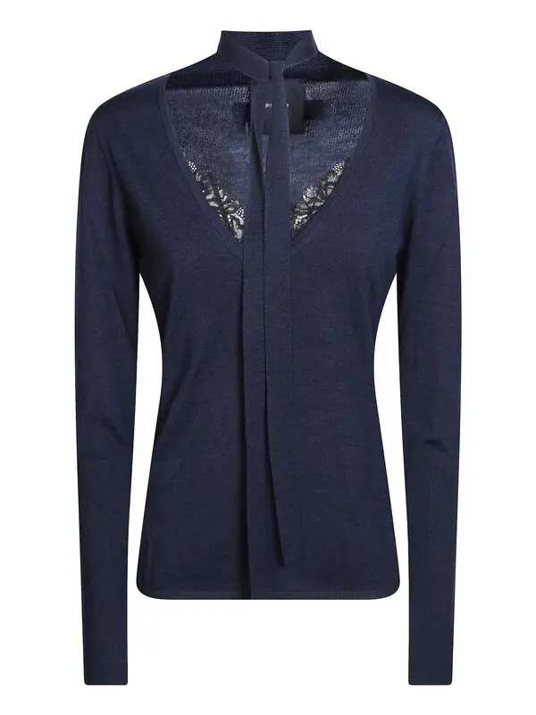 Pinko Lingerie-inspired Wool Sweater With Lace Trim - Blu