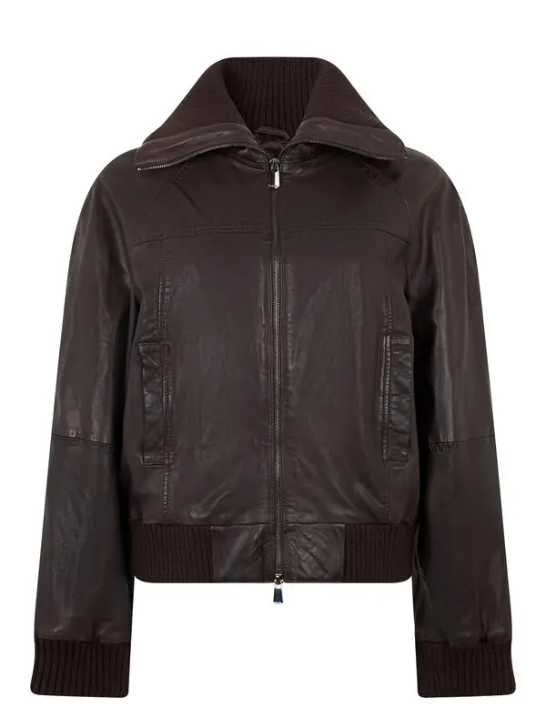 Pinko Leather Jacket With Knit Inserts And Zip Front - Brown