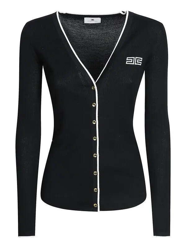 Elisabetta Franchi Fine Knit V-neck Button-up Cardigan With Contrast Trim - Nero