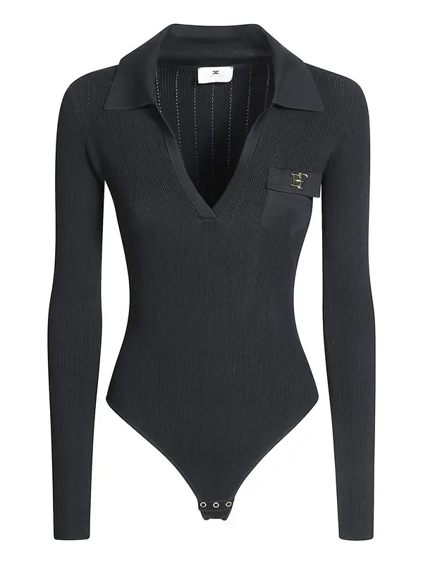 Elisabetta Franchi Ribbed Knit Collared Bodysuit - Nero