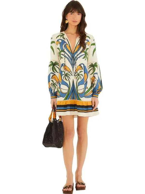 Farm Rio Printed V-neck Linen Blend Mini Dress With Lace-up Detail And Button Cuffs - Multicolor