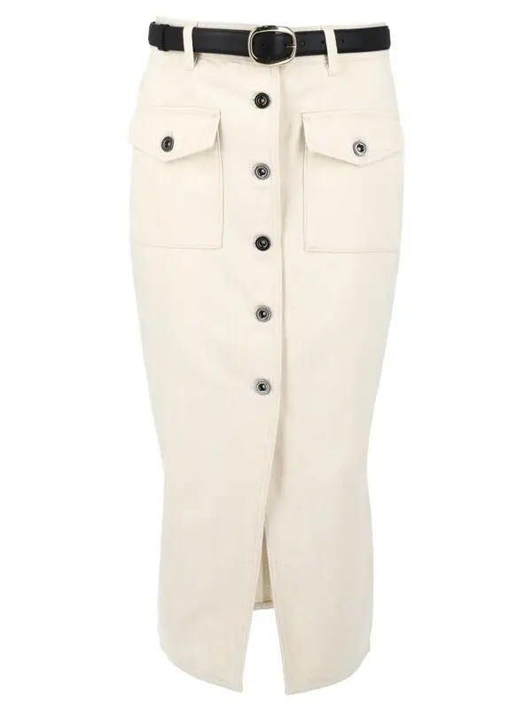 SELF-PORTRAIT Midi Skirt With Button Details - Beige