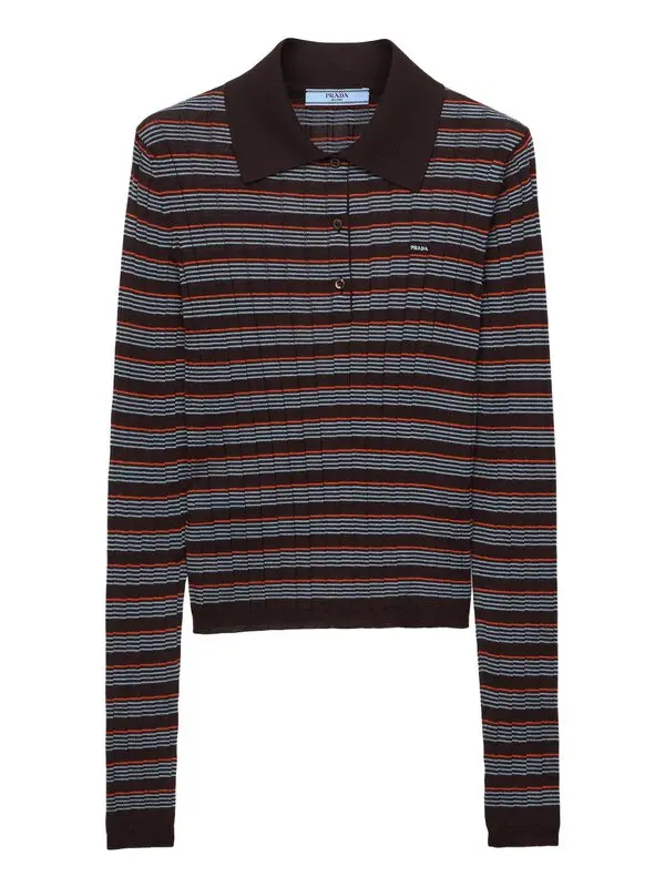 Prada Striped Cashmere And Silk Long Sleeve Polo Shirt - Brown