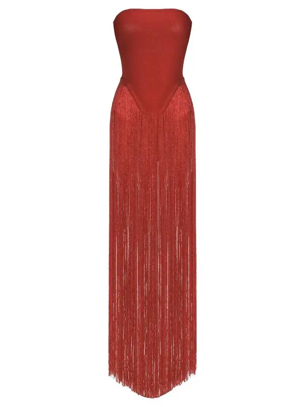 DECOLET THE LABEL Strapless Fringe Bodysuit Gown - Red