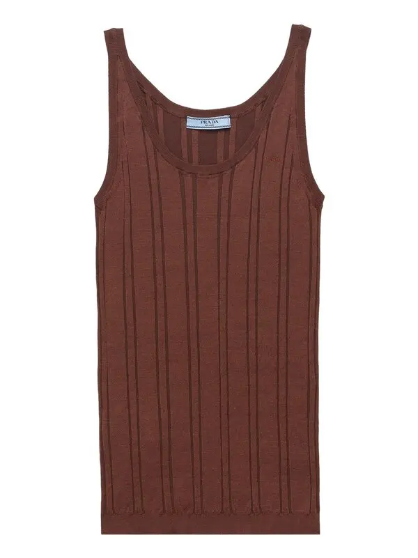 Prada Ribbed Knit Cotton Scoop Neck Top - Brown