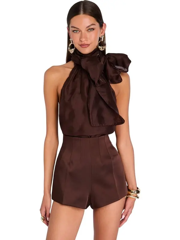 Retrofete Indira Silk Halter Top With Dramatic Bow Detail - Tobacco