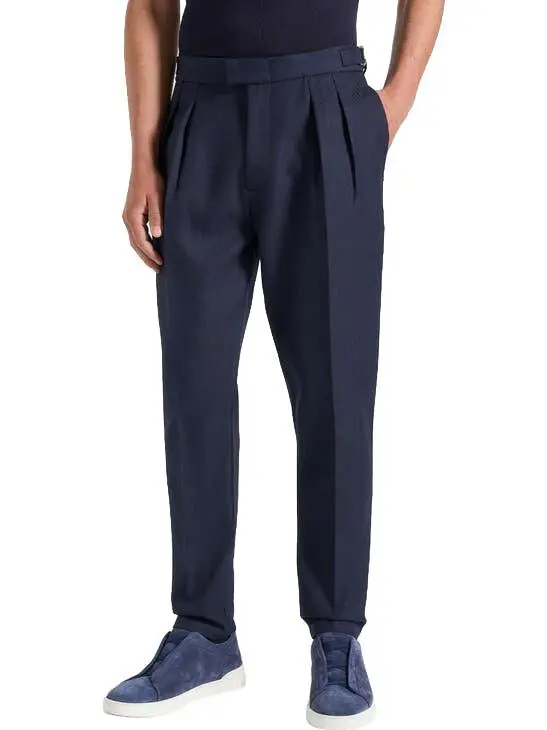 Manière De Voir Hubert Slim Tailored Trousers With Double Pleats And Buckled Adjusters - Navy