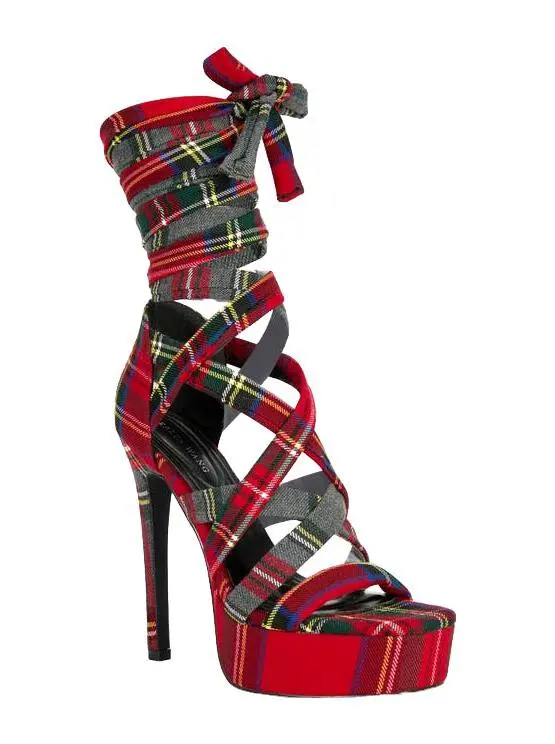AZALEA WANG Jemisha Plaid Platform Stiletto Sandals - Red Multi