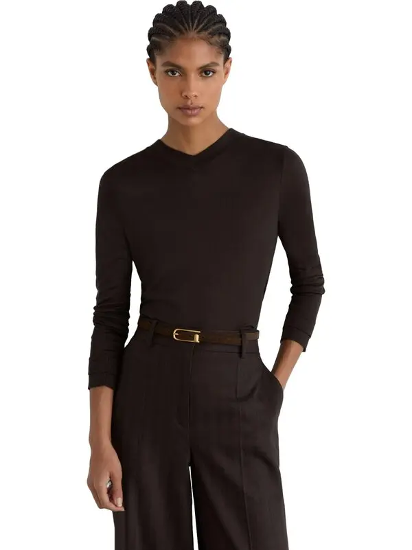 REISS Brody High V-neck Long Sleeve Top - Chocolate Brown