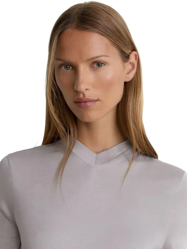 REISS Brody High V-neck Long Sleeve Top - Light Grey
