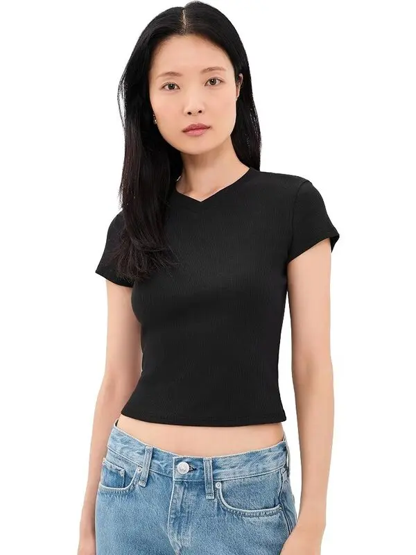 REFORMATION Lindie Ribbed V-neck Cropped T-shirt - Black