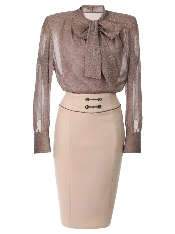 LUNA FASHION HOUSE Two Tone Bow Detail Midi Dress - Beige
