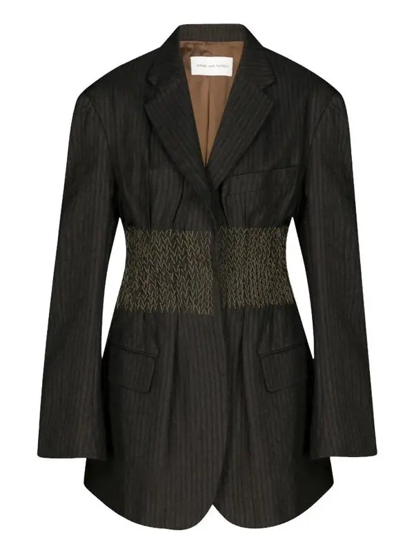 Dries Van Noten Fitted Waist Jacket With Lapel Collar And Stripes - Khaki