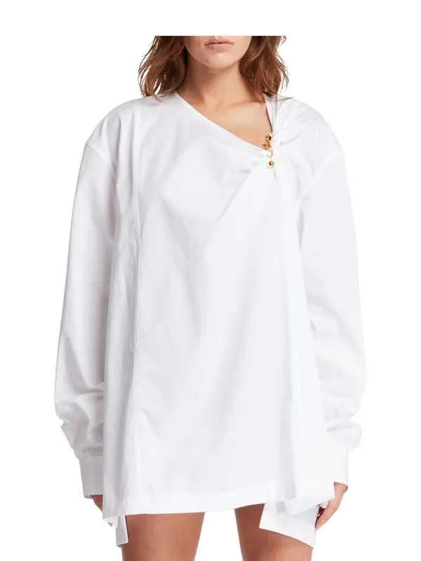 Dries Van Noten Long Sleeve Shirt With Asymmetrical Neckline And Embellishment - White