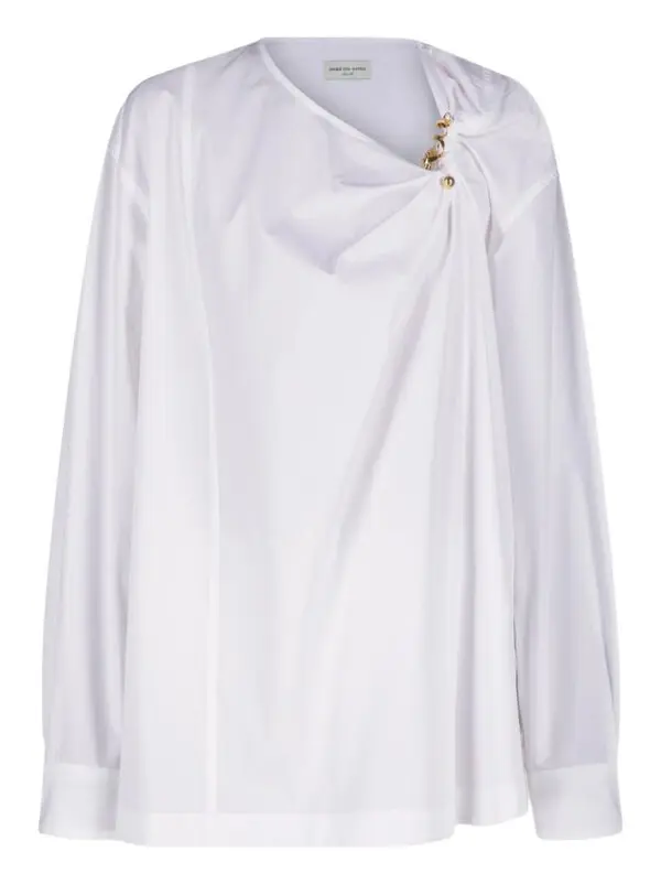 Dries Van Noten Long Sleeve Shirt With Asymmetrical Neckline And Embellishment - White