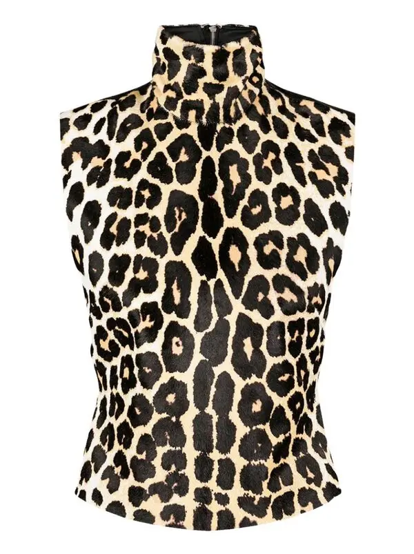 Dries Van Noten Sleeveless Leopard Print Turtleneck Blouse - Black