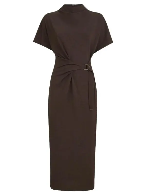 Brunello Cucinelli Techno Wool Jersey Wrap Belt Dress With Monili - Coffee