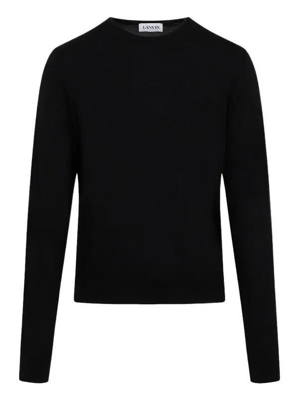 LANVIN Long Sleeve Ribbed Knit Top With Logo Detail - Black