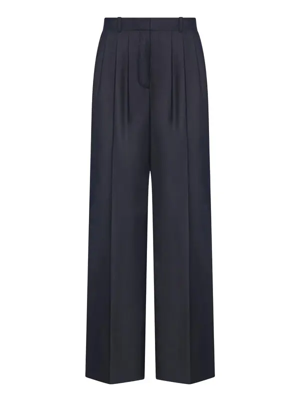 THE ROW Daniela Pleated Wool Twill Wide Leg Pants - Dark Navy