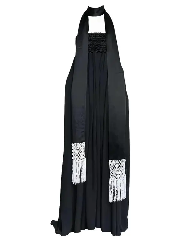 Maria Mcmanus Halterneck Maxi Gown With Scarf Detail And Fringe - Black