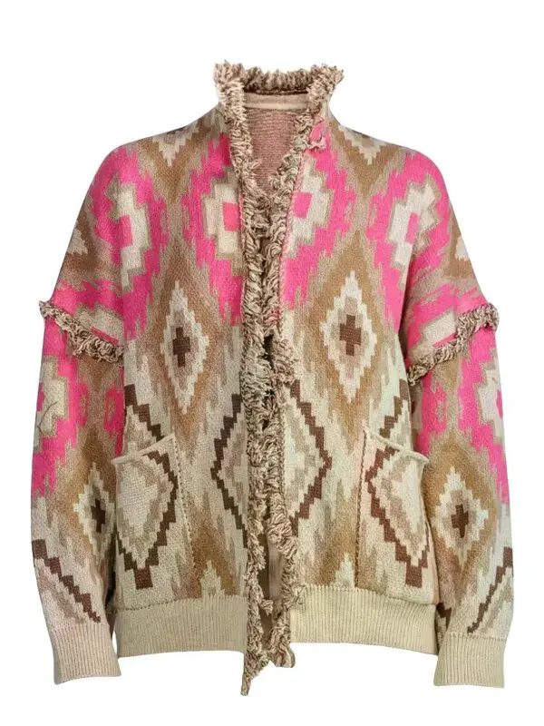 TENSIONE IN Geometric Pattern Fringed Cardigan - Neutrals