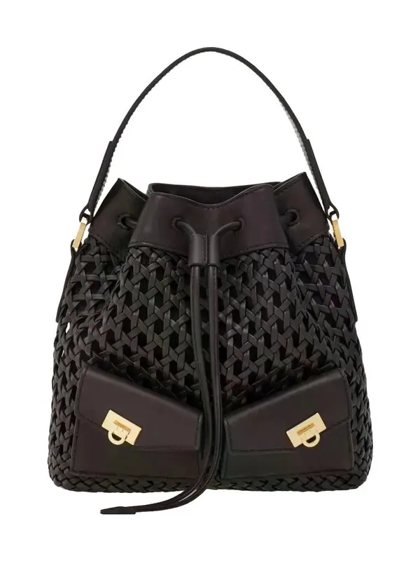 FERRAGAMO Woven Leather Mini Bucket Bag - Brown