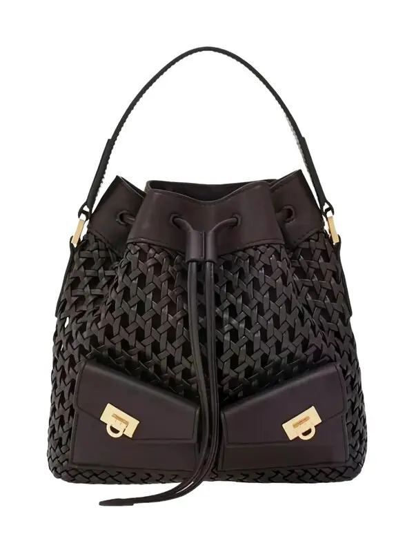 FERRAGAMO Woven Leather Mini Bucket Bag - Brown
