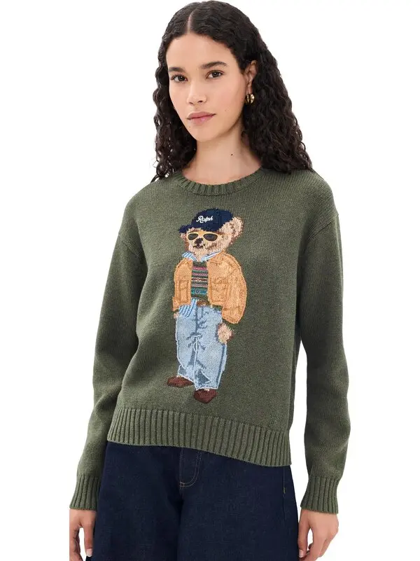 Polo Ralph Lauren Cotton Bear Long Sleeve Crew Neck Pullover - Marled Olive