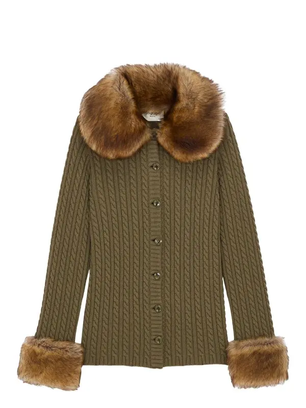 Saint Laurent Long-sleeved Cardigan With Fur Trim - Khaki