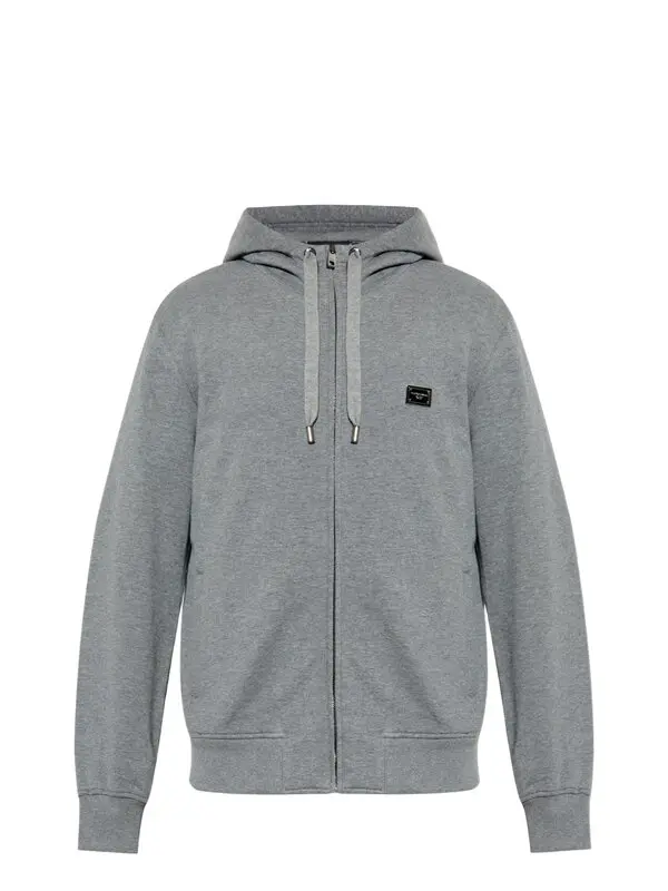 Dolce & Gabbana Dolce Gabbana Logo Plaque Zipped Drawstring Hoodie - Grey