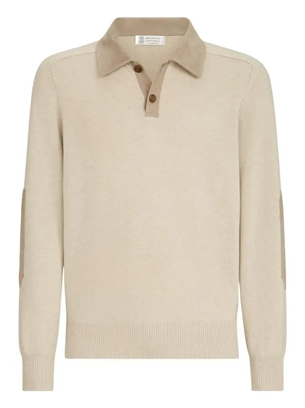 Brunello Cucinelli Cashmere Knit Polo With Suede Collar - Sand