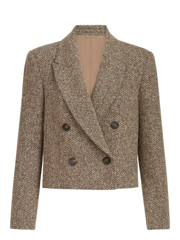 Brunello Cucinelli Sparkling Virgin Wool Chevron Cropped Blazer - Light Brown
