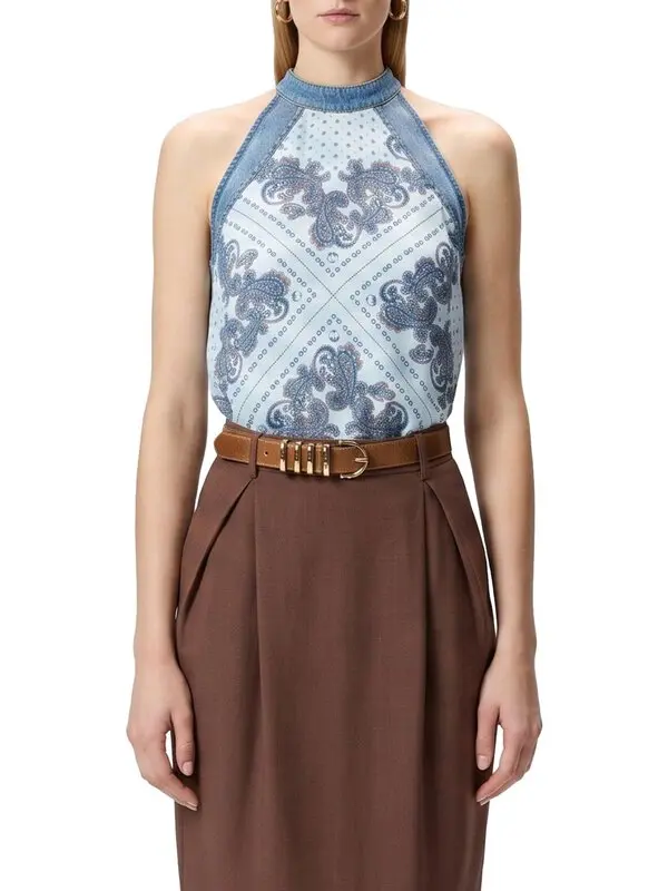 Pinko Halter Neck Paisley Print Top - Gnawed Blue