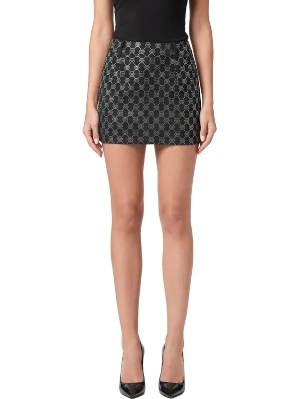Philipp Plein Jersey Pencil Mini Skirt With Hexagon Rhinestone Logo - Black