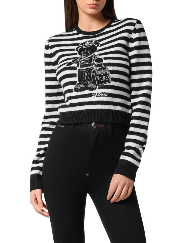 Philipp Plein Striped Cotton Crewneck Jumper With Teddy Bear Print - Black